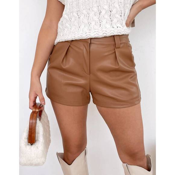 TCEC | Shorts | New Tcec Elsa Leather Pleated Shorts In Camel | Poshmark